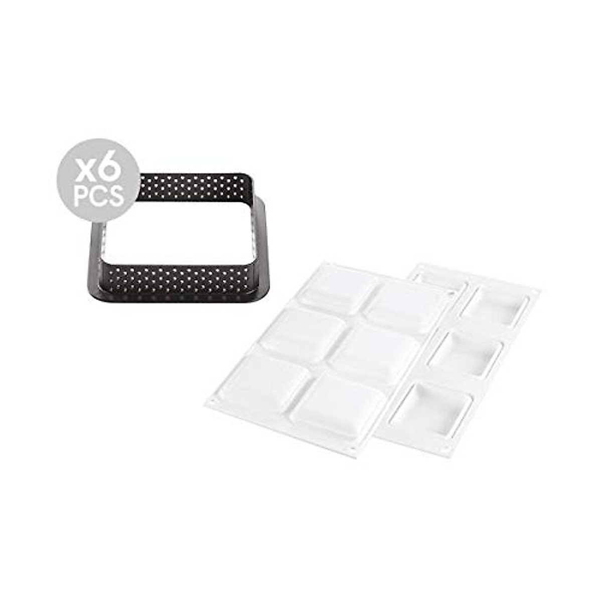 Silikomart "Kit Tarte Ring Square 80x80 Silicone Mold with 6 Cavities, Each 2.63 Inch x 2.63 Inch x 0.59 Inch High, Plus 6 Heat-Resistant Perforated Plastic Square Cutting Rings