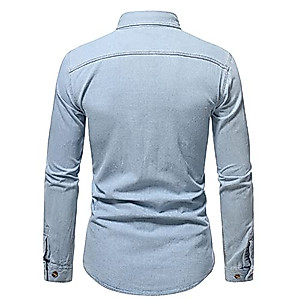 Mens Denim Shirts Vintage Long Sleeve Soft Cotton Pocket Button Up Jeans Shirt Streetwear C214-Light Blue 3XL