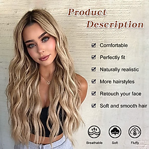 AISI QUEENS Long Blonde Wigs for Women Ombre Blonde Wavy Synthetic Curly Hair Wigs Natural Looking Middle Part Heat Resistant Fibre for Daily Party Use 24 Inch
