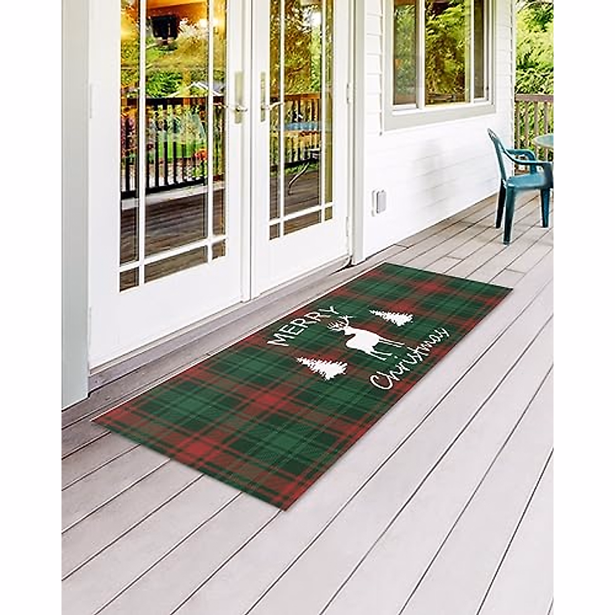 Welcome Mats, Merry Christmas Elk and Christmas Tree Red and Green Plaid Door Mat, Non-Slip Absorbent Large 24x71 Inch Outdoor Indoor Mat Low-Profile Floor Mat Doormat for Entryway/Patio/Garage