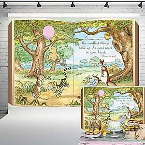 Classic Winnie Bear Giant Book Backdrop Vintage Pooh Hundred Acre Wood Background with Pink Balloon Girls Baby Shower Birthday Party Decorations 7x5 ft 119
