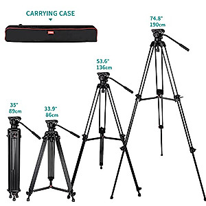 Video Tripod, COMAN KX3636 74 inch Professional Heavy Duty Aluminum Tripod with Quick Release Plate and 360 Degree Fluid Head for DSLR, Camcorder, Cameras Max Load:17.6lbs/8Kg