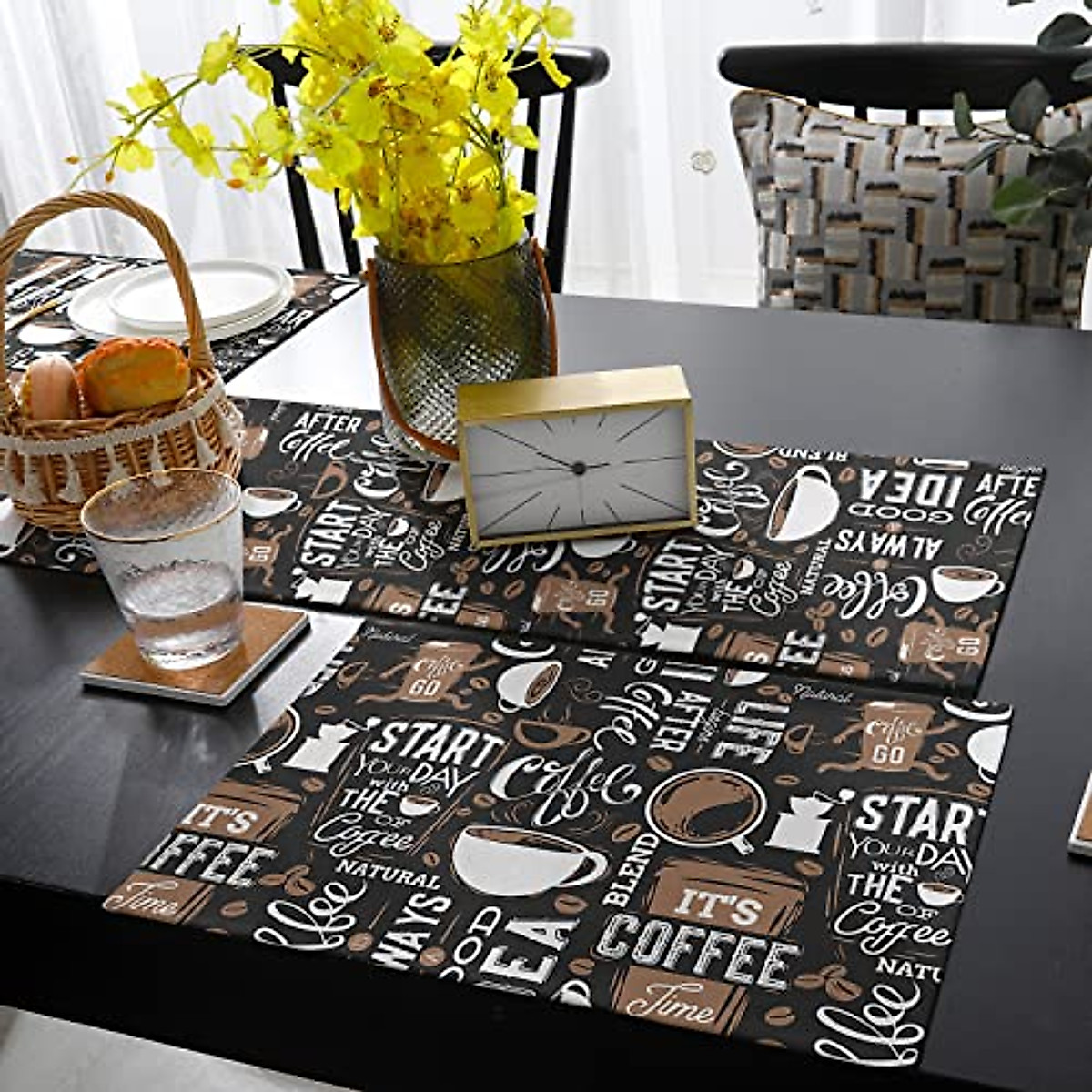 Rural Coffee Table Mats Set of 6 with Table Runner 70 Inches Long,Cotton Linen Tablerunner Burlap Kitchen Dining Placemats for Wedding/Coffee/Dress Party,Shabby Chic Esppresso Beans Cup Drinking