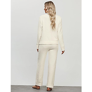 luvamia Women's Casual Solid Color Pajama Sets Long Sleeve Tops And Pants Long Pj Sets Joggers Loungewear Sleepwear Nightwear Womens Loungewear Set Cute 2 Piece Outfits For Women Beige Xx-Large