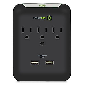 TrickleStar TS1207-3 Outlet Power Tap w/USB Charging Ports, Ceramic, Fireproof Surge Protection