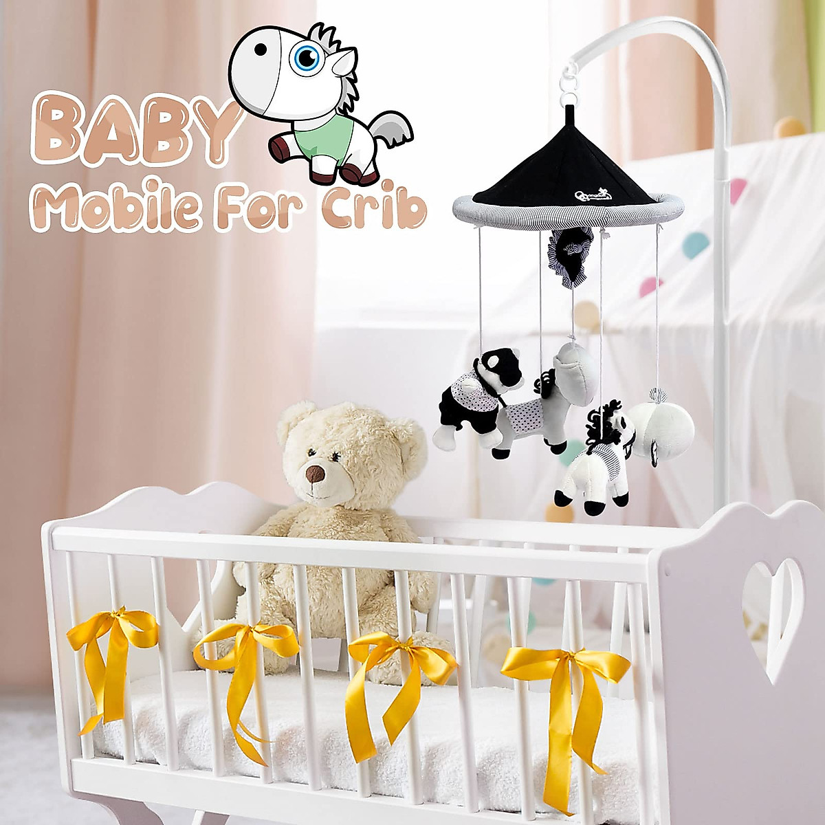 Neutral Baby Mobile,White Horse Musical Baby Crib Mobile,Baby Mobile for Crib,Crib Toys with Music,Handmade Nursery Mobile for Baby Room Decor（Black-White Horse）