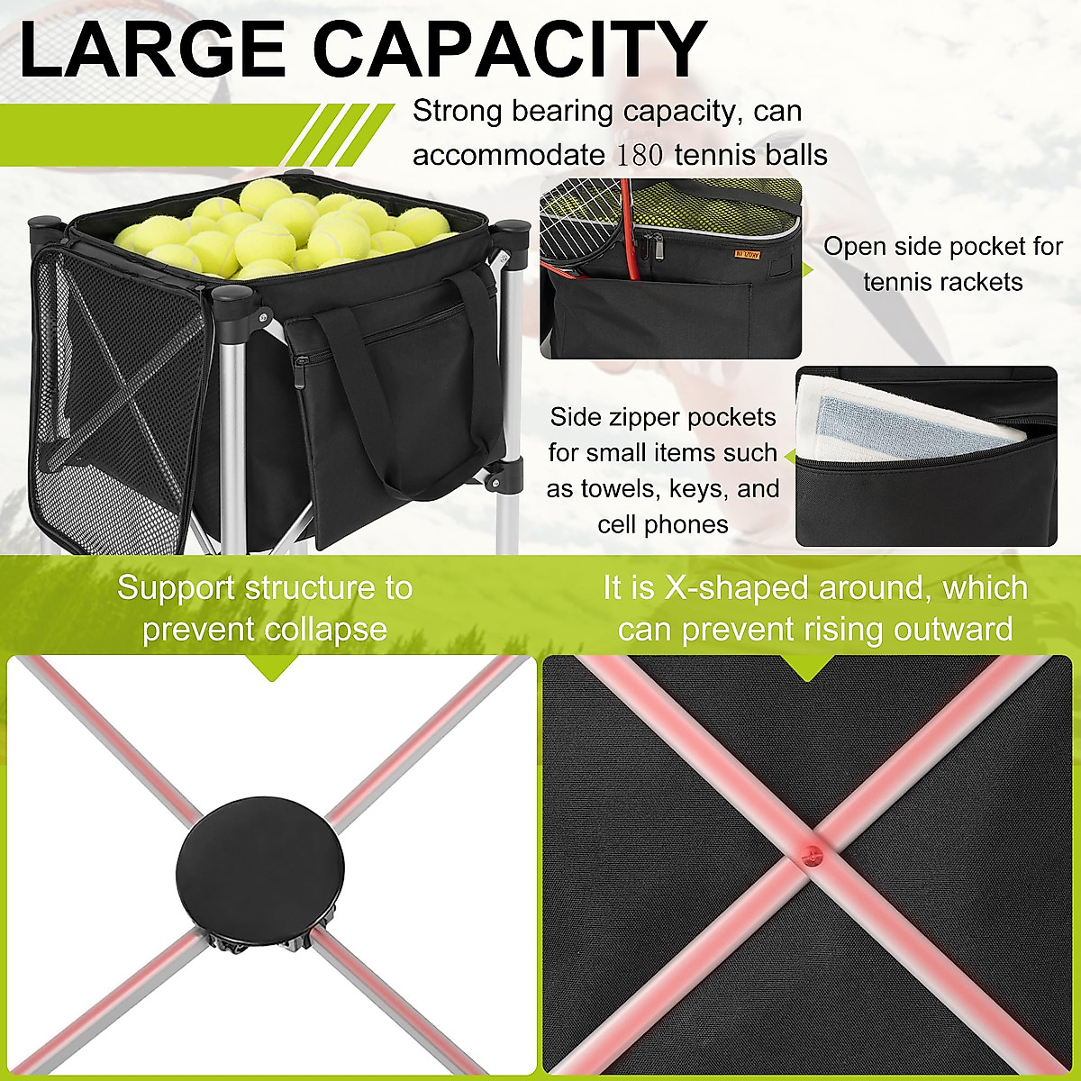 AKOZLIN Tennis Ball Hopper with Wheels Holds 150 Balls Tennis Ball Cart Sports Teaching Cart Lightweight Aluminum Alloy