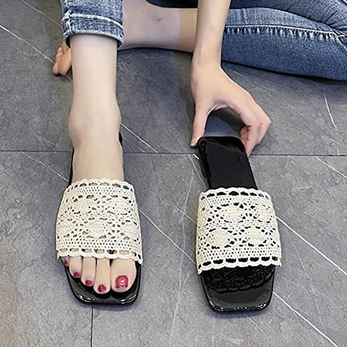 CsgrFagr New Hollow Lace Flat Bottomed Simple One Line Ladies Slippers Casual Shoes Toe Sandals for Women Cute (White, 7.50)