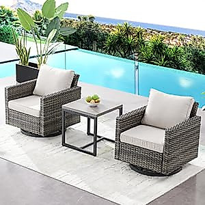 HUMMUH Patio Swivel Chairs Set of 2,PE Wicker Outdoor Rocker Chairs Bistro Set Porch Balcony Furniture with Beige Cushions