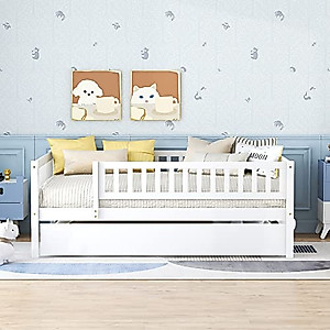 Vierniya Kid Bed with Fence and Trundle Full Size Trundle Bed with Rails, Wooden Toddler Daybed Montessori Bed for Boys Girls, White