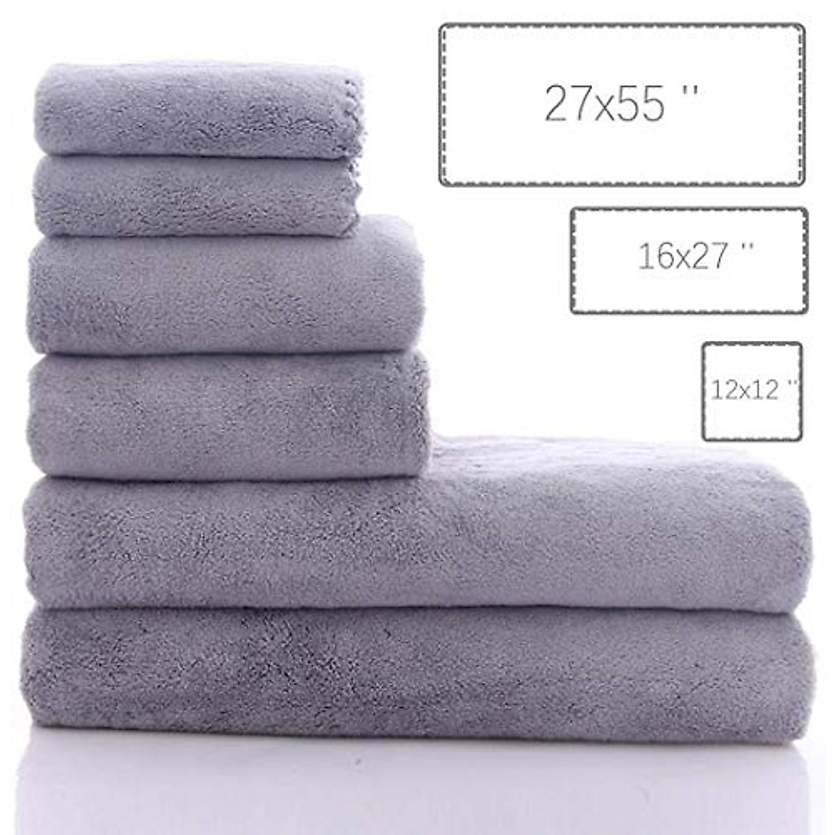 MOONQUEEN Ultra Soft Towel Set - Quick Drying - 2 Bath Towels 2 Hand Towels 2 Washcloths - Microfiber Coral Velvet Highly Absorbent Towel for Bath Fitness, Bathroom, Sports, Yoga, Travel-Grey 6 Pcs