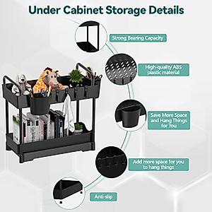Warmodern 2 Pack Under Sliding Cabinet Basket Organizer, 2 Tier Bathroom Organizer Under Sink, Kitchen Cabinet Organizers Baskets with 8 Hooks and 4 Hanging Cups, Under Sink Storage for Bathroom
