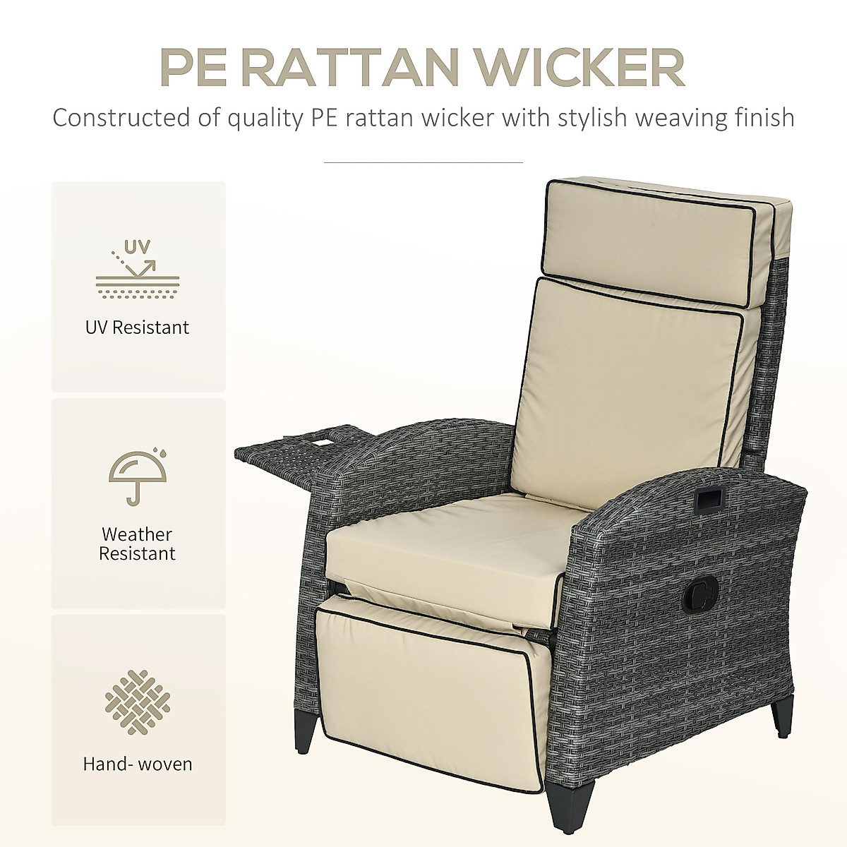 Outsunny Outdoor Recliner Chair with Cushions, PE Wicker Reclining Patio Lounge Chair with Adjustable Footrest, Armrests, Side Tray Table for Balcony, Porch, Khaki