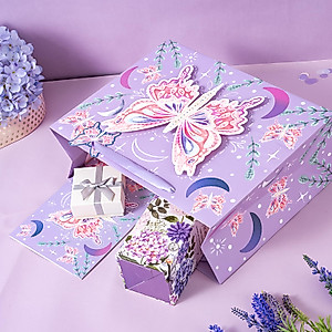 WRAPAHOLIC 13" Large Gift Bag with Card and Tissue Paper - Purple Butterfly Design for Birthday, Mother's day, Baby Shower, Party