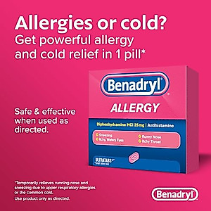 Benadryl Ultratabs Antihistamine Allergy Relief Medicine, Diphenhydramine HCl Tablets for Relief of Cold & Allergy Symptoms Such as Sneezing, Runny Nose, & Itchy Eyes & Throat, 100 ct