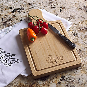 Engraved Bamboo Wood Cutting Board w/Handle | Gather Here | Mini Charcuterie Board/Appetizer Serving Tray Inspirational Home and Kitchen Décor, Small