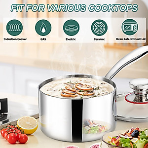 TeamFar 3qt Saucepan with Lid, Stainless Steel Tri-ply Pasta Sauce Milk Pan Small Cooking Pot with Ergonomic Handle, for Induction/Gas/Electric/Ceramic, Healthy & Heavy Duty, Dishwasher Safe