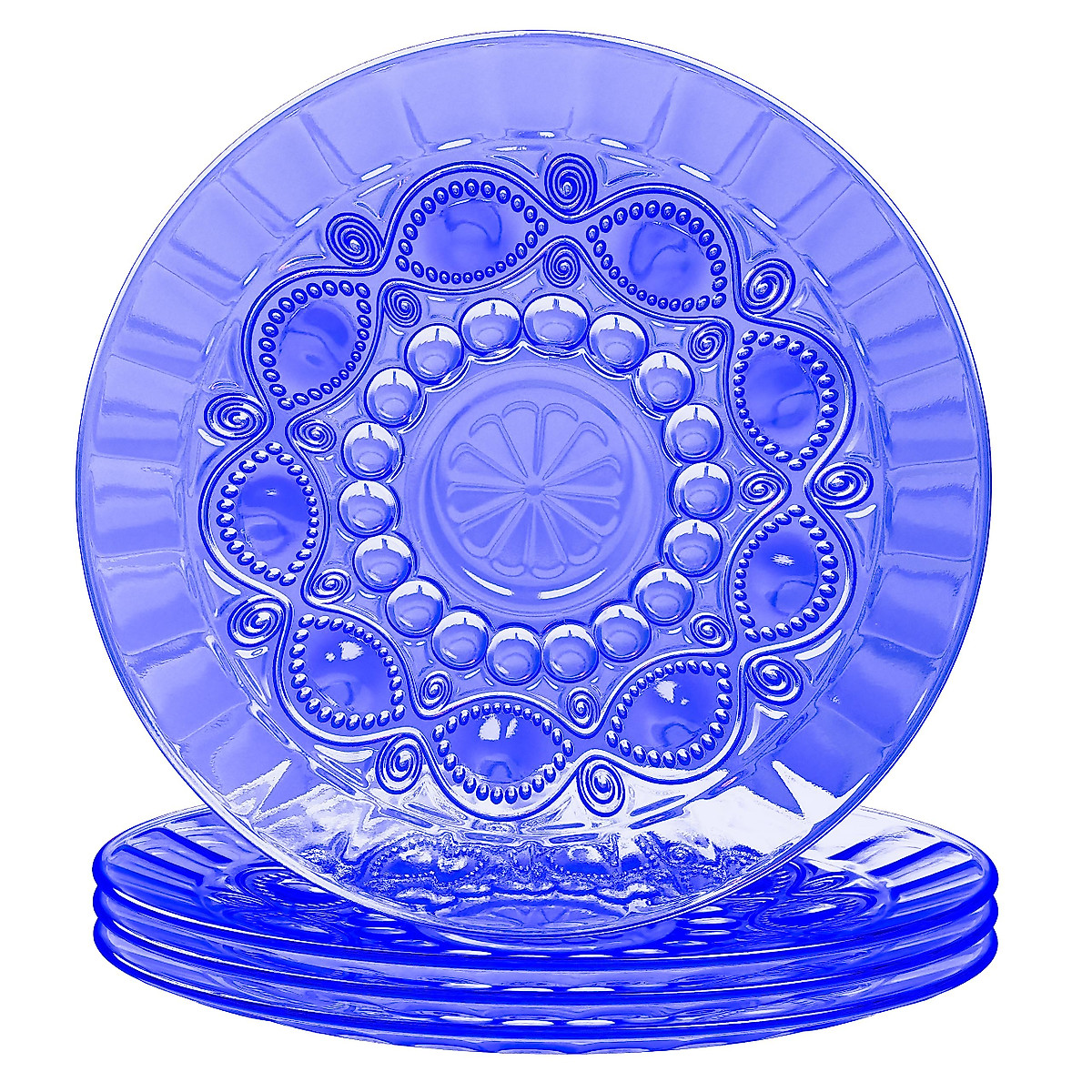 elle decor Glass Dessert Plate | Set of 4 | Blue | 6-Inch | Dessert, Dinner, or Appetizer Plate | Snack, Fruit, or Side Plate | Serveware | Glass Design | Dishwasher Safe
