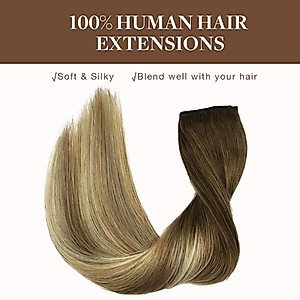 GOO GOO Wire Hair Extensions Human Hair, 3/8/613 Walnut Brown with Ash Brown and Bleach Blonde Balayage 18inch 95g, Invisible Wire Hair Extensions with Transparent, Seamless Fish Line Hairpiece