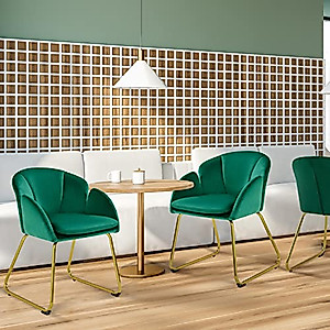 Yaheetech Velvet Dining Chair, Flower Shaped Armchair with Golden Legs, Upholstered Side Chair for Kitchen Dining Room Living Room, Set of 2, Green