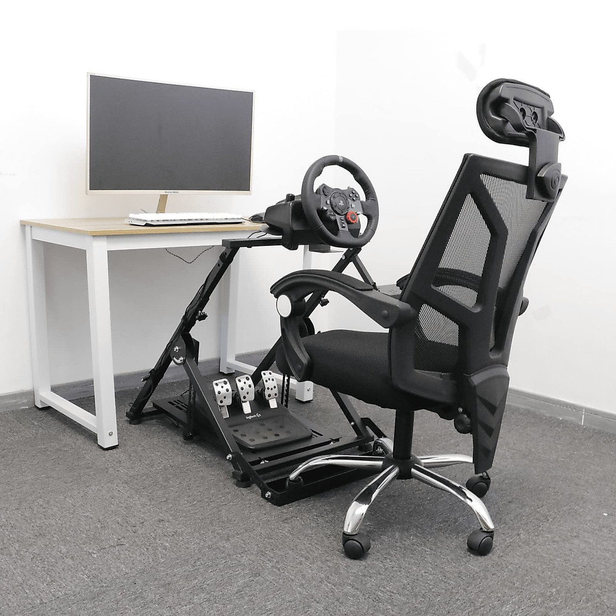 Anman Foldable Sim Racing Wheel Stand with Fixed Slot Fit for Logitech G25 G27 G29 G920 G923 Fanatec Thrustmaster Racing Simulator Tilt Adjustable Steering Wheel Stand,Wheel & Pedal Not Included