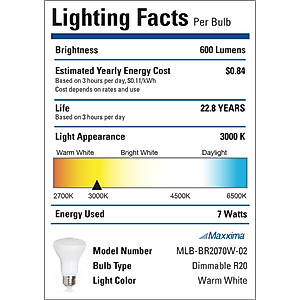 Maxxima LED BR20 Bulbs - 50 Watt Equivalent Dimmable 7 Watt LED Warm White R20 600 Lumens, 3000K Light Bulb with E26 Base, Ideal for Track or Recessed Lighting - 4 Pack
