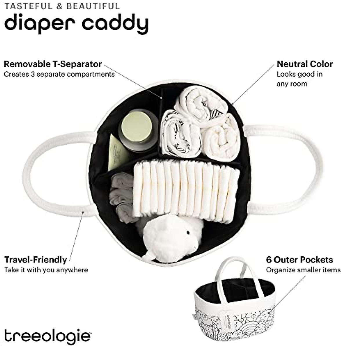 Baby Rope Canvas Diaper Caddy Organizer Basket for Nursery Changing Table - Car Storage Bin Tote Bag for Nappy, Diapers, and Wipes - Newborn Registry Shower Gift for Girl and Boy Must Haves - Car Bin