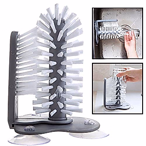 Water Bottle Cleaning Brush Glass Cup Washer with Suction Base Bristle Brush for Beer Cup, Long Leg Cup, Red Wine Glass and More Bar Kitchen Sink Home Tools Grey