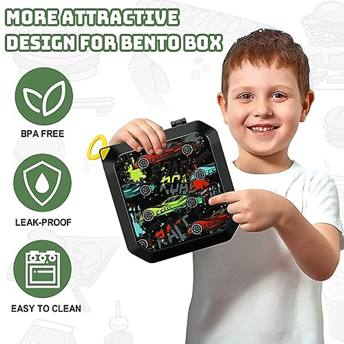 Itslife Bento Lunch Box for Kids, 3-5 Compartment with Leak Proof, 35oz Lunch Containers for Toddler, Dishwasher Safe, BPA Free, Ideal Portion 10 Designs for Kids School Gift (Sports Car