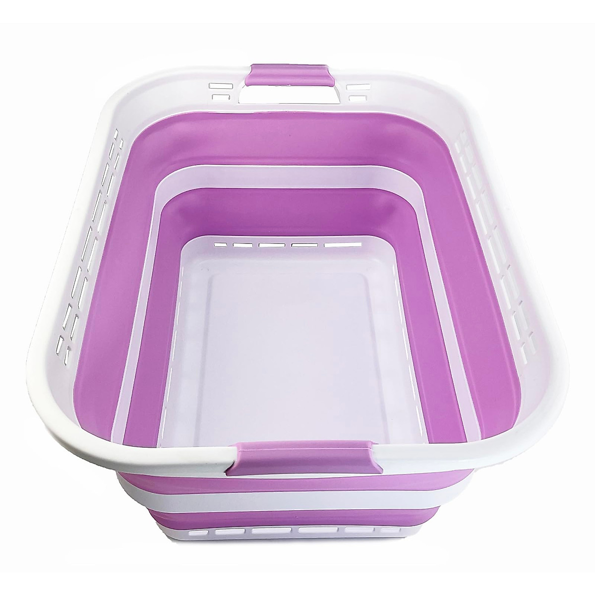 SAMMART 42L (11 gallons) Collapsible Plastic Laundry Hamper/Basket - Foldable Storage Container/Organizer - Portable Laundry Basket - Easy Storage Space Saving White/Pale Purple)