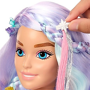 Barbie Doll Head for Hair Styling, Pastel Fantasy Hair with 20 Fairytale-Inspired Accessories Including Shimmer Stickers