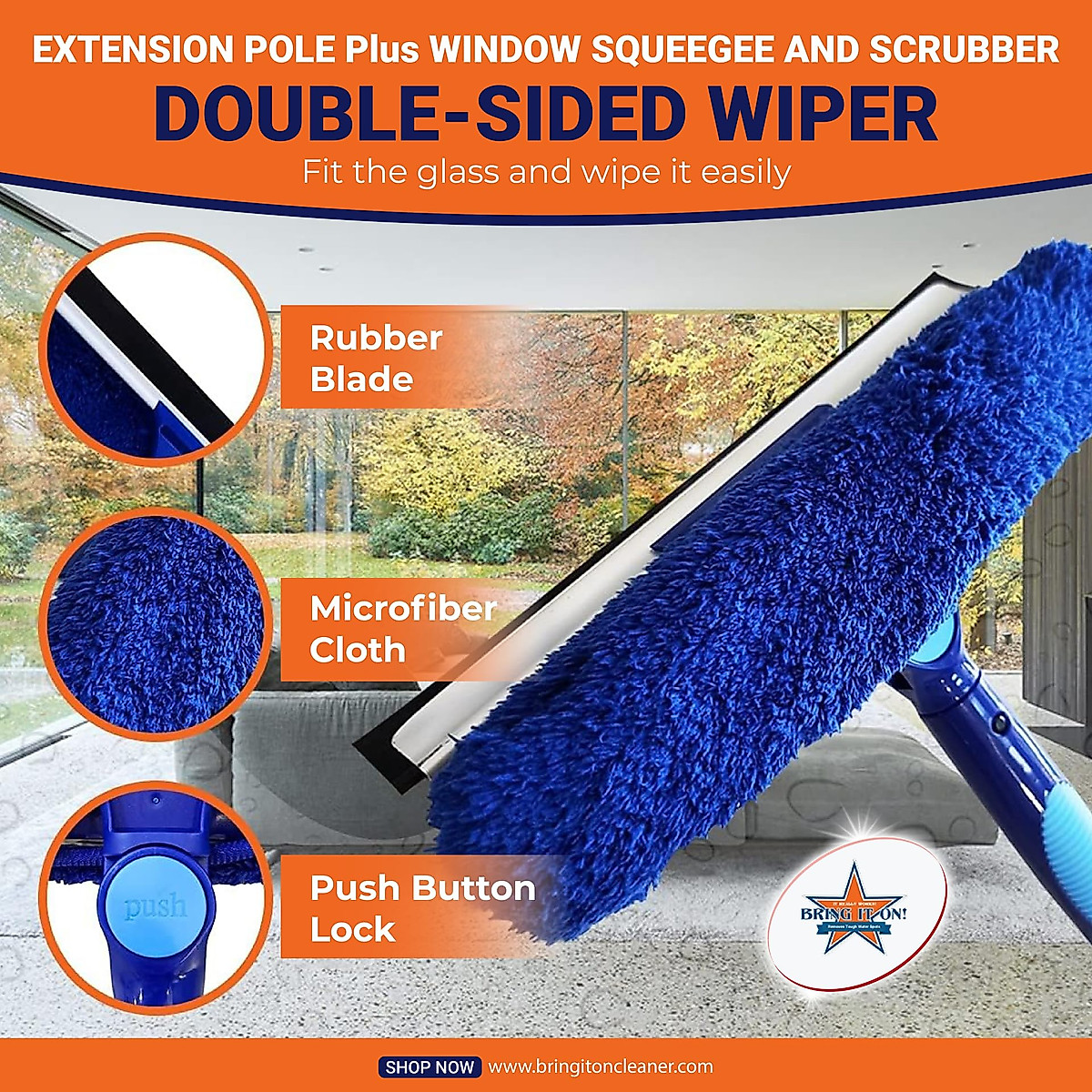 Bring It On Cleaner 20 Foot Reach Extension Pole Plus Squeegee & Window Washer Telescopic Pole for Window Cleaning Extension Pole for Cleaning Windows