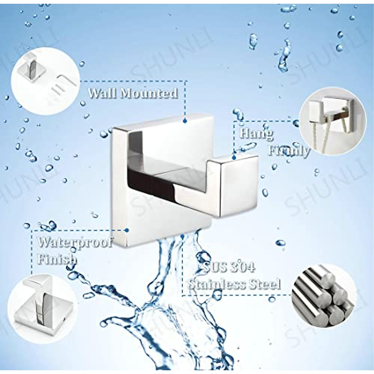 SHUNLI Bathroom Towel Hook Coat Robe Hooks, Heavy Duty Wall Hooks, Wall Mounted Square Bath Hook, Chrome, SUS304 Stainless Steel (2 Pack)