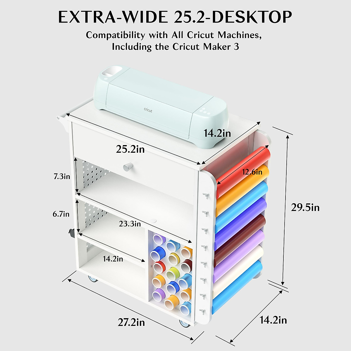 Oransail Rolling Craft Storage, Compatible with Cricut Machines, Craft Cart with Vinyl Roll Holders, Craft Table with Storage, Craft Cabinet Workstation Tool Holder for Craft Room