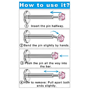 FANSING Tragus Piercing Jewelry Surgical Steel Cartilage Earrings 20g Threadless Nose Stud 10mm Lip Ring Push in Labret 1.5mm Pink CZ for Women Conch Helix Rook Flat Back