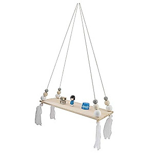 FIYO Wall Hanging Shelf, Wall Hanging Rack Wall Hanging Round Beads Shelf Storage Rack DIY Wooden Shelf Natural Light Reclaimed Triangle Floating Plant Aesthetic Decor (White Gray)