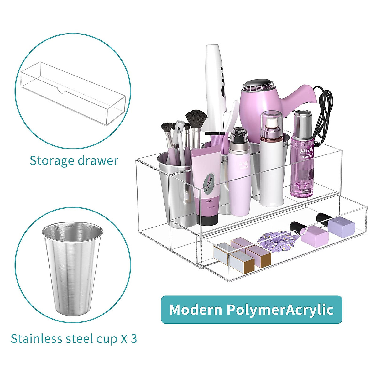 HIIMIEI Hair Tool Organizer, Clear Acrylic Hair Dryer Organizer with Drawer, Hair Styling Tool Organize, Bathroom Vanity Countertop Storage Organizer for Blow Dryer, Curling Irons, Makeup, Toiletries