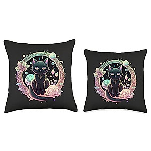 Kawaii Pastel Goth Stuff For Girls & Women Co. Moon Phases Crystal Witchy Cute Black Cat Kawaii Pastel Goth Throw Pillow, 16x16, Multicolor