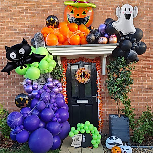 151PCS Halloween Balloon Arch Garland Kit, Black Orange Green Purple Balloons with Mylar Pumpkin Bat Ghost BOO Foil Balloon for Kids Home Halloween Background Birthday Party Decorations Supplies