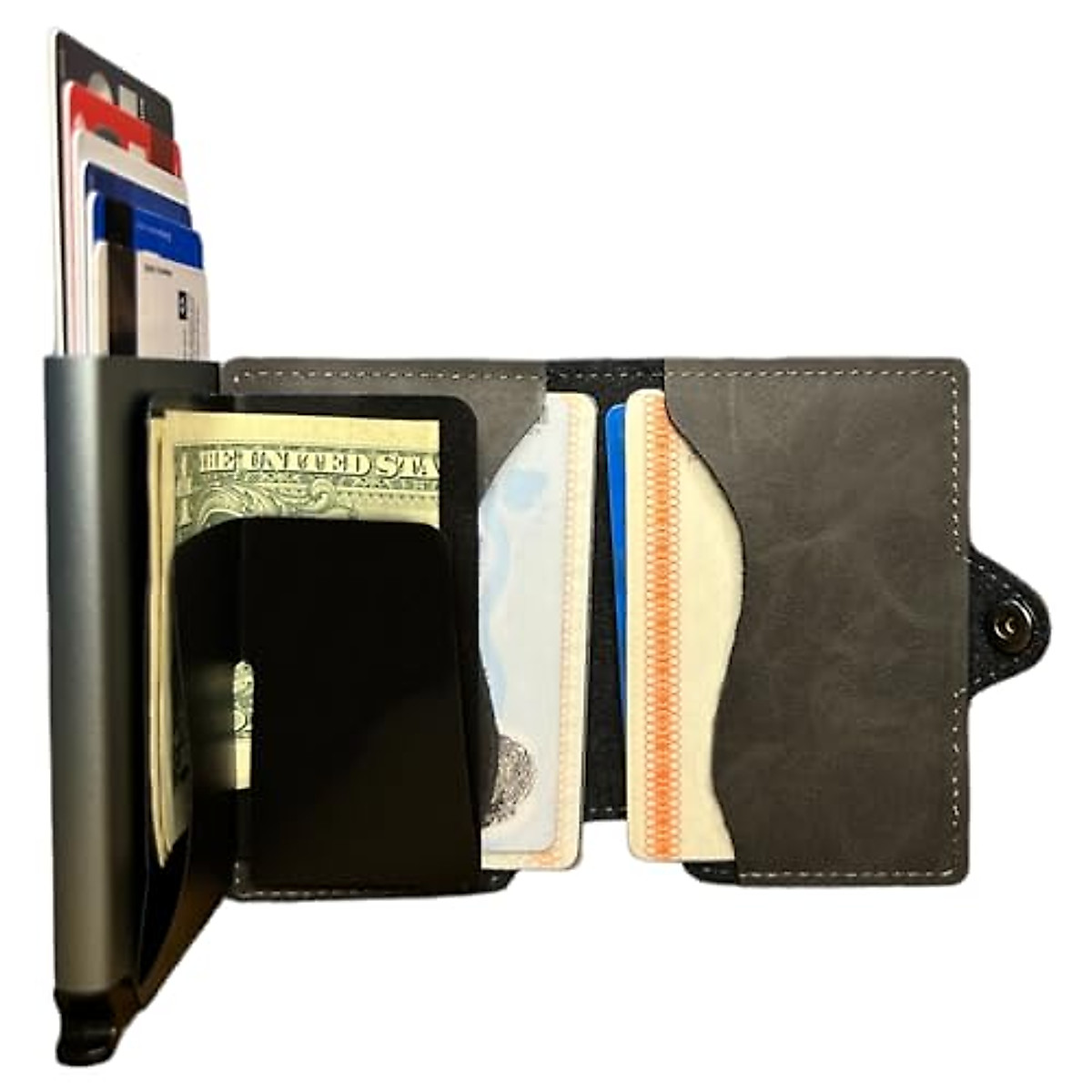 Minimalist Leather Card Holder With RFID Protection Wallet,6 cards in the sliding cover,2 interior slots for 4 cards,cash in its pressure system,0.78 x 2.67 x 3.93,Elegant black gift box (Grey)