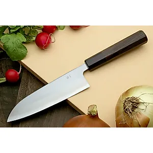Yoshihiro White Steel #1 Stainless Clad Japanese Santoku Multipurpose Chef Knife with Rosewood Handle (6.5"(165mm) & Saya Cover)