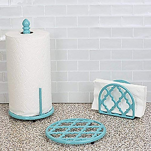 Home Basics Lattice Cast Iron Collection | Turquoise | Sleek Intricate Design | Upright Napkin Holder | Trivet | Paper Towel Holder