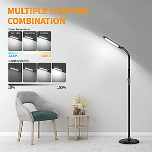 Ferrawel LED Floor Lamp Modern Standing Lamp with Adjustable Gooseneck Stepless Dimming Standing Pole Light Bright Reading Tall Lamp with Memory Funtion for Living Room Bedroom Office