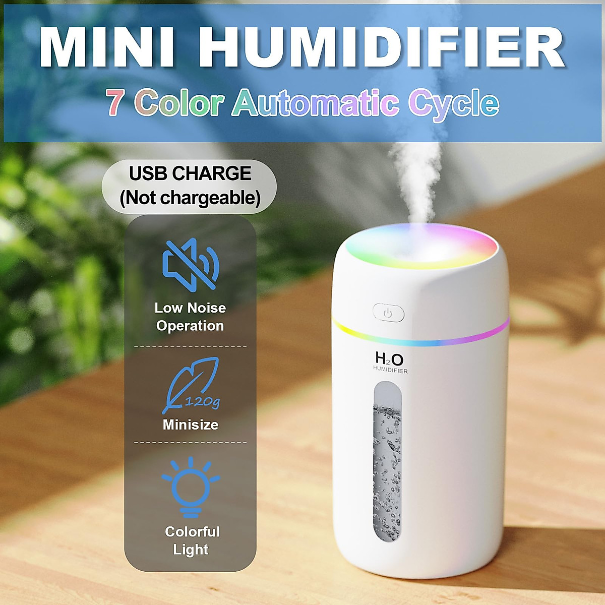 ZPP Small Humidifier, Portable Mini Humidifier with 7-color Lights for Car, Mini Desktop Humidifier for Home, Office, Travel with Night Light, Auto Shut-Off
