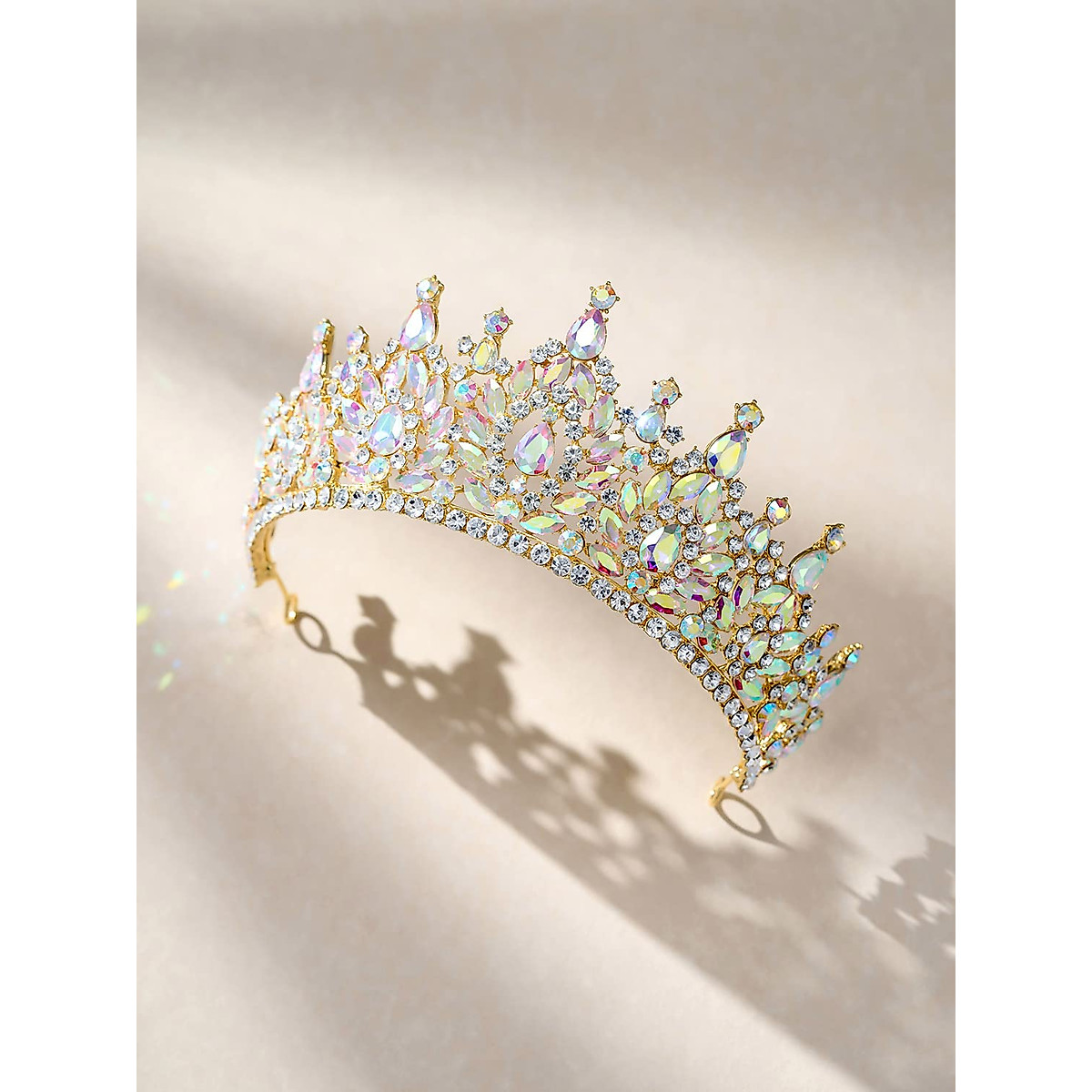 SWEETV Tiara Crown for Women Girls, Aurora Borealis Crystal Princess Crown, Wedding Tiara for Bride, Hair Accessories for Birthday Prom Party Quinceanera Pageant, Iridescent