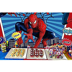 Red Spider Web Blue Stripe Photography Backdrop 7x5ft Vinyl Super Cityscape Photo Background Baby Boys Girls Happy Birthday Supplies Superhero Party Banner Cake Table Decorations Photo Booths