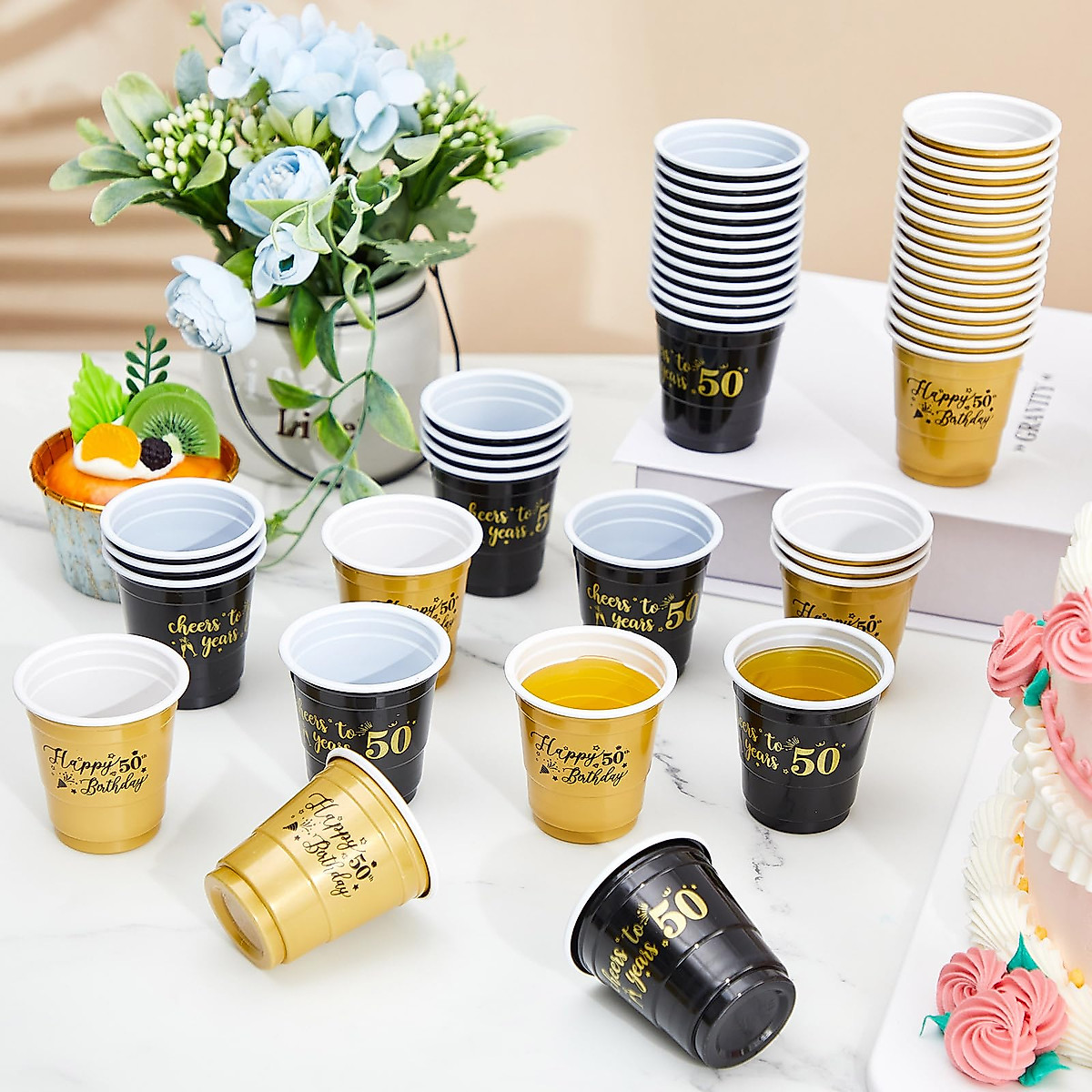 Ziliny 100 Pcs 50th Birthday Plastic Shot Glasses 2 oz Disposable Cups Bulk for Women Men Anniversary Wedding Party Decorations Favors