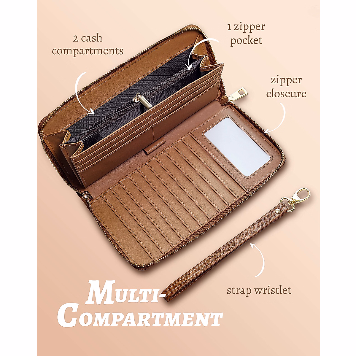 Yarnic Brown Women's Wallet Wristlet Band Wallet Credit Card Wallet Holder Money Pockets Women Clutch Case Coin Money Clip Organizer Purse with RFID Blocking Large Capacity with Zipper Tan