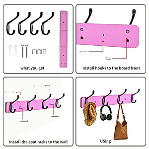 Wall Mounted Coat Rack Ethuh Rustic Wall Hook Solid Wood Hat Hanger Entryway Hanging Coat Rack4 Silver Metal for Entryway, only 1screws to Hold The Hooks Rack (Pink Black)