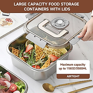 Fzaqwen Stainless Steel Food Storage Containers - 304 Square Refrigerator Organizers with Handle Airtight Lids Meal Prep Reusable Metal Pantry for Fruit Salad - Keep Fresh Save Date 118oz